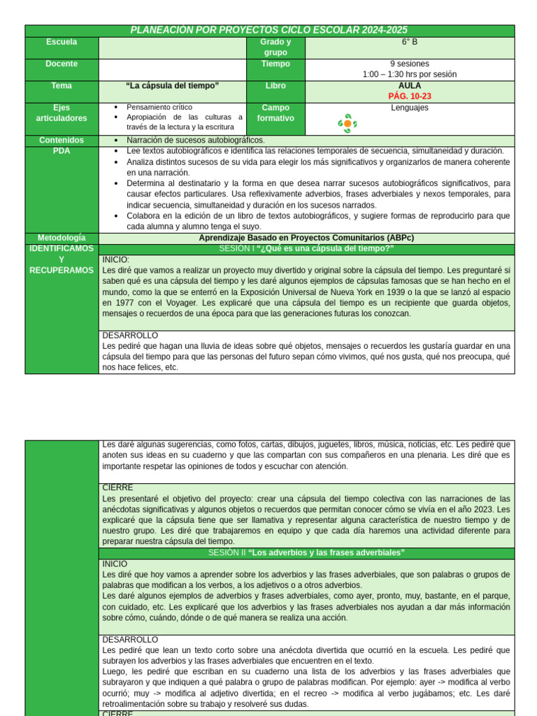 Proyecto: Cápsula del Tiempo 6° B | PDF | Adverbio | Evaluación
