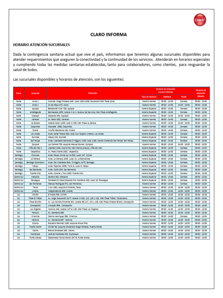 Horario Sucursales - CPS - DAC - Claro Chile - 20200703-Viernes - 20200703 | PDF | Santiago | Chile