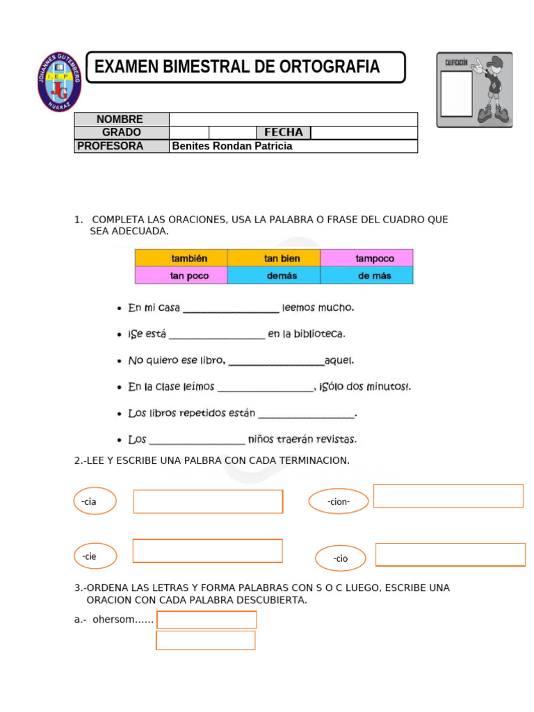 Examen de Ortografia de 2 A | PDF | Estudios de idiomas extranjeros