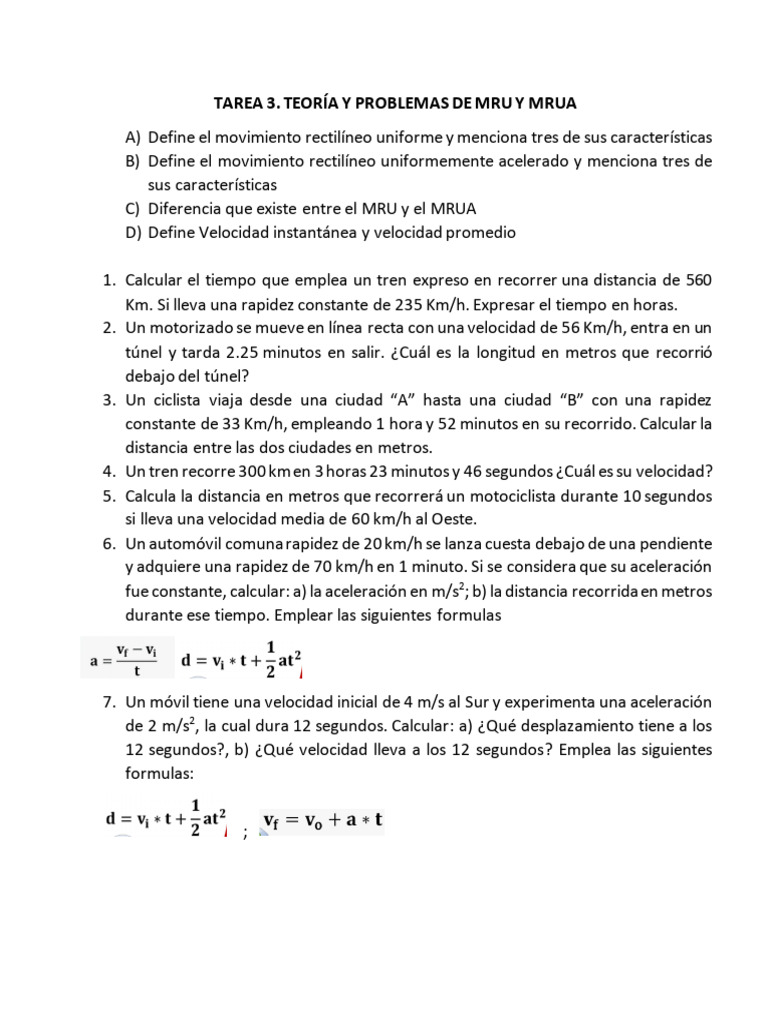 Tarea 3 Problemas y Teoria de Mru y Mrua | PDF