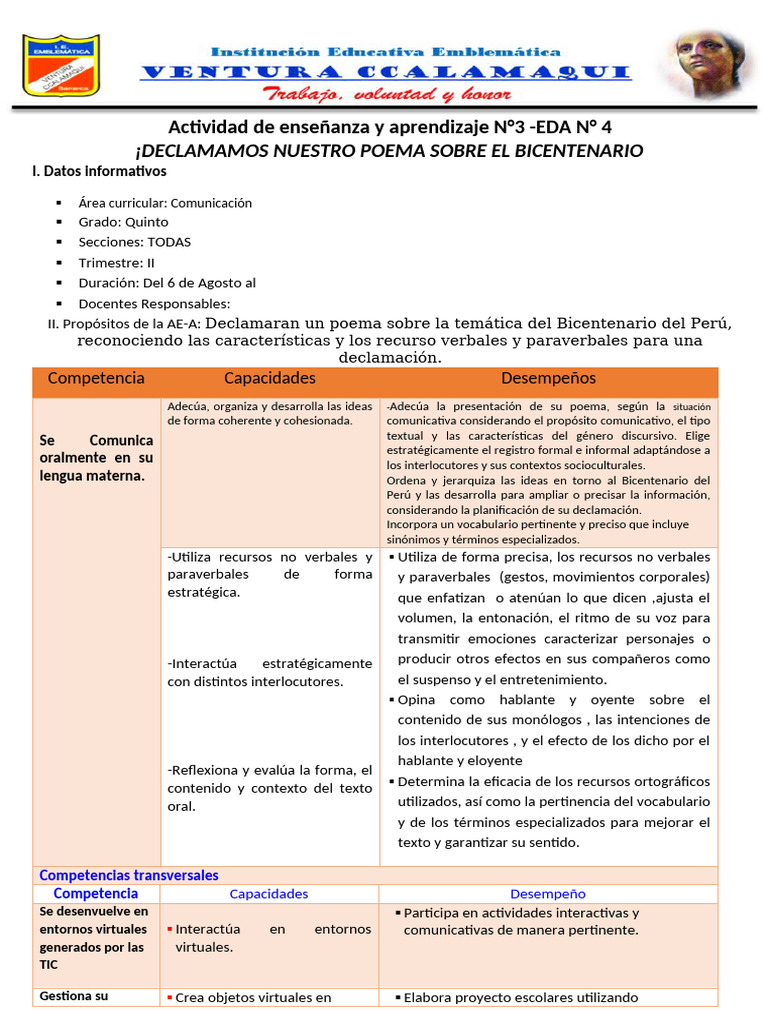 Eda 4-Poema Juegos Florales - Actividad 03-Se Comunica Oralmente 5°-Turno Tarde | PDF ...