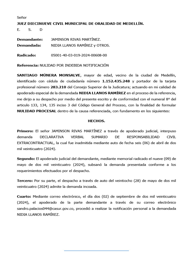 Nulidad por Indebida Notificación Judicial | PDF | Demanda judicial ...
