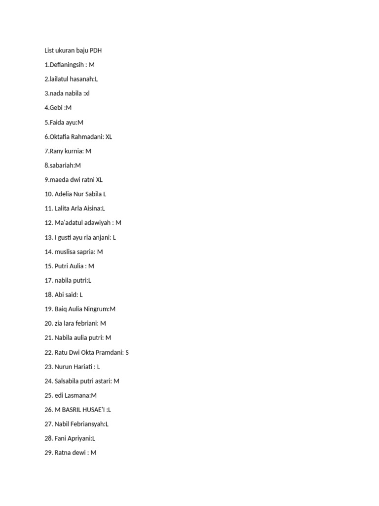List Baju PDH A1 Tingkat 1 | PDF