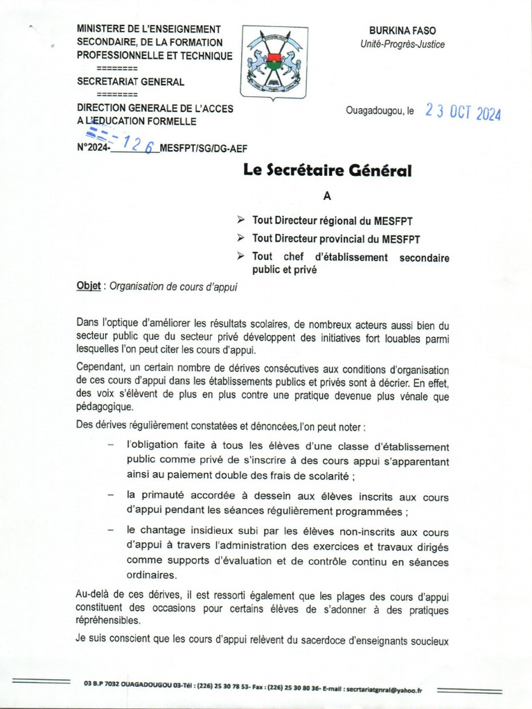 Lettre DREPS Relative À L'organisation Des Cours D'appui | PDF