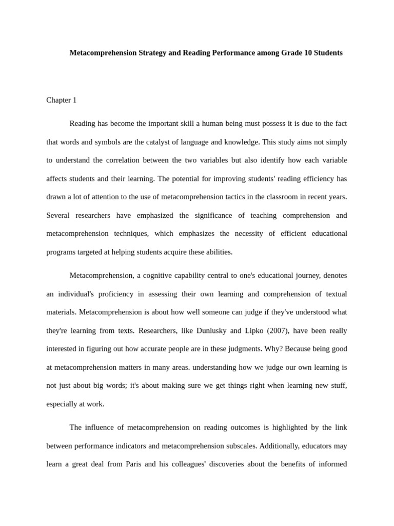 Metacomprehension Strategy and Reading Performance Among Grade 10 Students | PDF | Metacognition ...