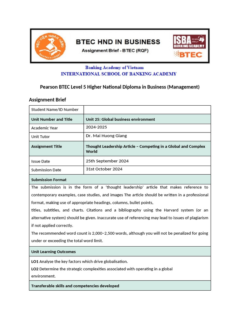 Assignment Brief (A1) - GBE | PDF | Leadership | Globalization
