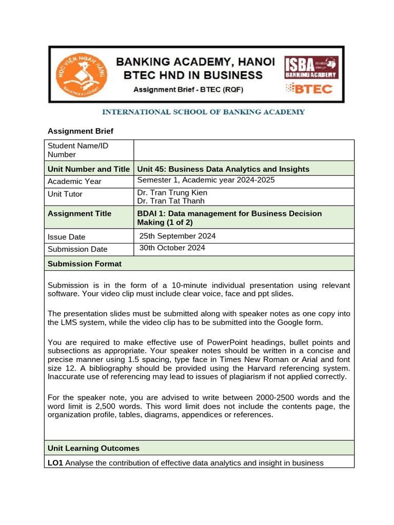 Assignment Brief (A1) - BDAI | PDF | Data | Data Analysis