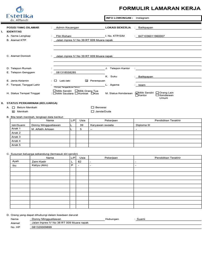 Form Lamaran Karyawan | PDF