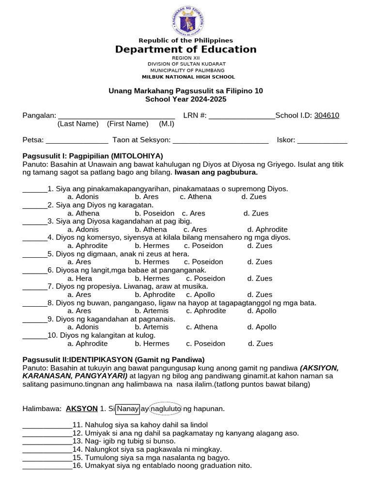 Exam Grade10 1st Quarter Pdf