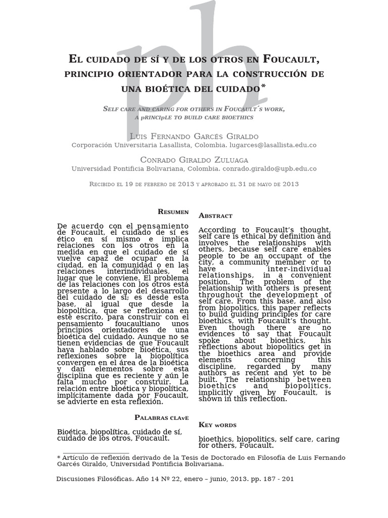 El Cuidado Si | PDF | Bioética | Michel Foucault