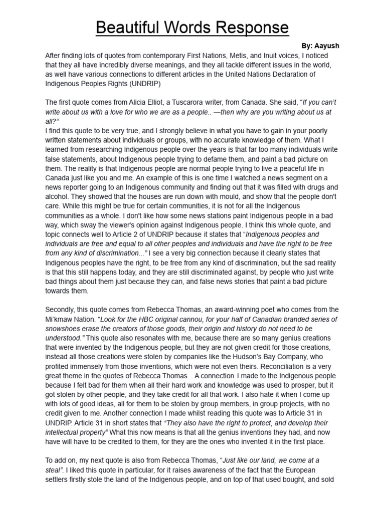 Culminating Task - Beautiful Words - Personal Response-Revised - Aayush ...