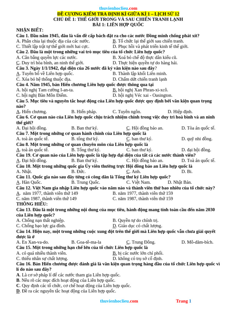 De On Tap Giua HK1 Lich Su 12 KNTT | PDF