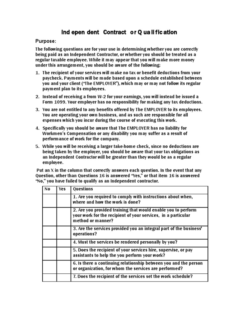 Independent Contractor Qualification | PDF | Independent Contractor ...