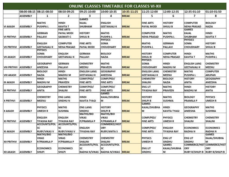 Classes Vi-Xii Online Timetable 0 | PDF | Language Arts & Discipline ...