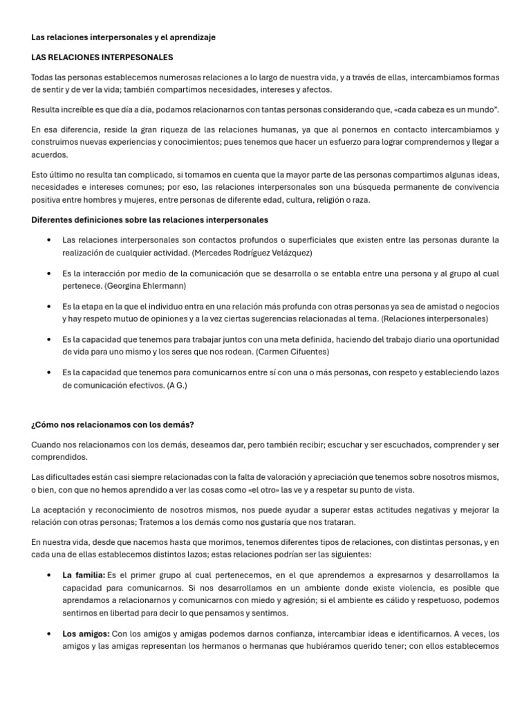Las Relaciones Interpersonales y El Aprendizaje | PDF | Aprendizaje ...