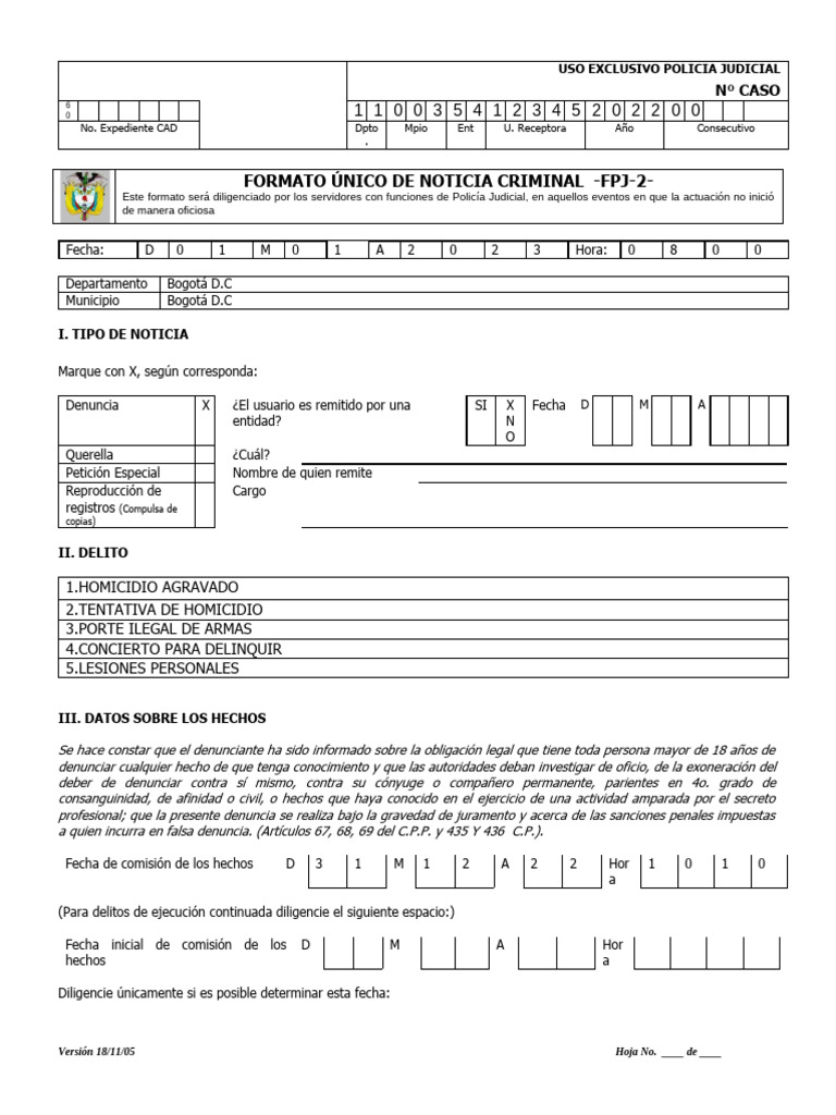 Formato de Noticia Criminal en Bogotá | PDF | Documento de identidad ...