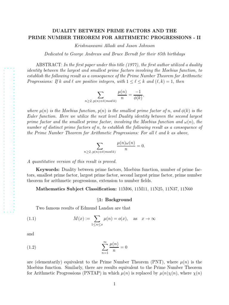 Duality Between Prime Factors and The Prime Number Theorem For Arithmetic Progressions - Ii ...