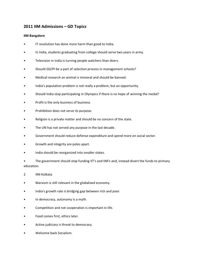 2011 IIM Admissions GD Topics PDF