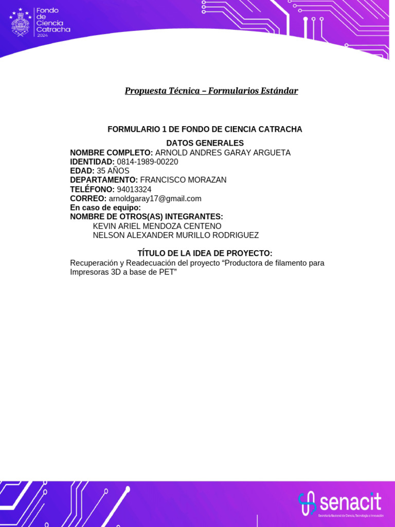 Formulario 1. Propuesta Técnica FCC 2024 | PDF | Reciclaje | Impresión 3d