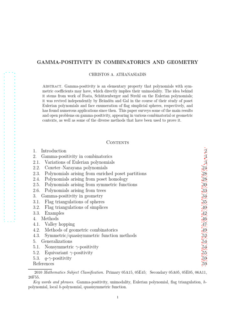 2018 - 12 - Gamma-Positivity in Combinatorics and Geometry - 1-33 | PDF | Combinatorics | Geometry