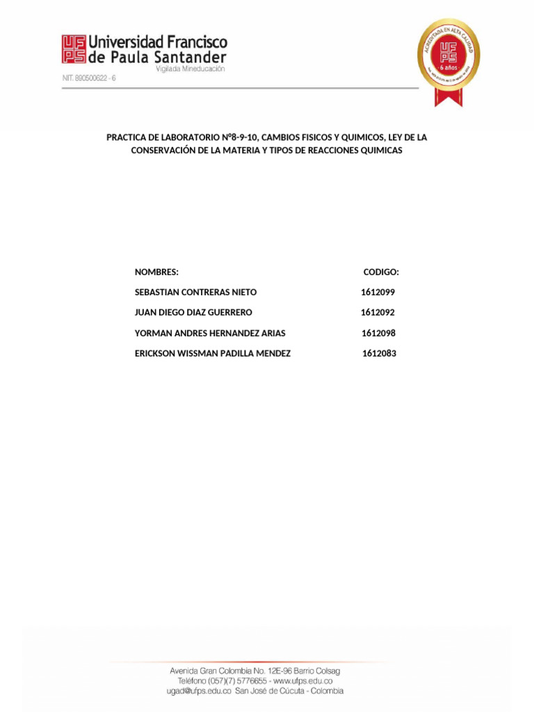 B Informe Lab Qui Ge 2024 1 Practica 8,9,10 Cambios Fisicos Quimicos ...