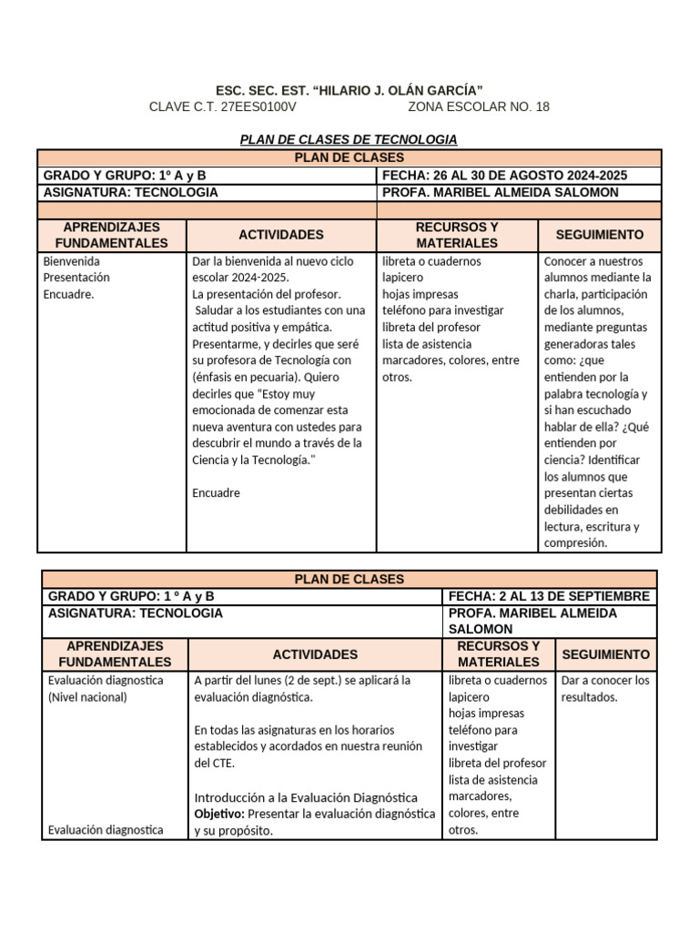 Plan de Inicio 1° A y B 2024-2025 | PDF | Evaluación | Cognición