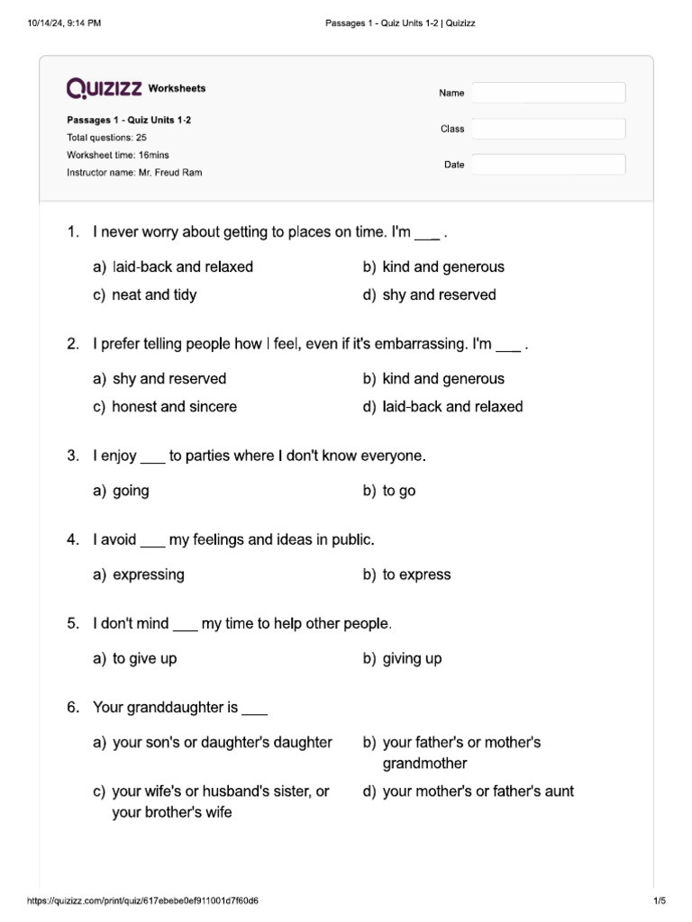 Passages 1 Unit 1-2 (Quiz) | PDF