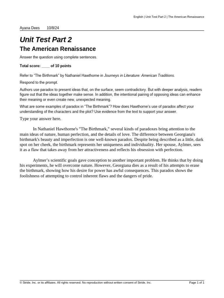 Unit Test Part 2 American Renassance | PDF