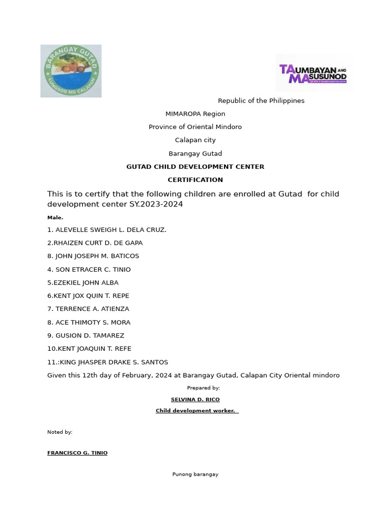 Gutad Child Development Center Enrollment 2023-2024 | PDF