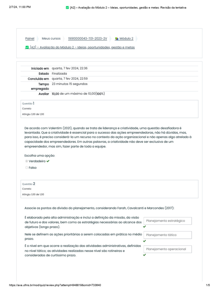 A2 Avaliacao Do Modulo 2 Ideias Oportunidades Gestao e Metas Revisao Da Tentativa | PDF ...