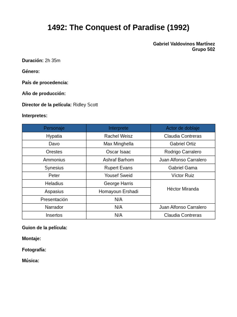 "1492: La Conquista del Paraíso - Reseña" | PDF