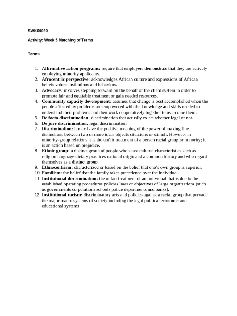 Week 5 Matching of Terms Worksheet | PDF