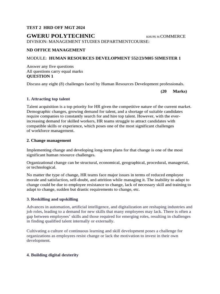 Test 2 Mark Guide HRD 2024 | PDF | Knowledge Management | Evaluation