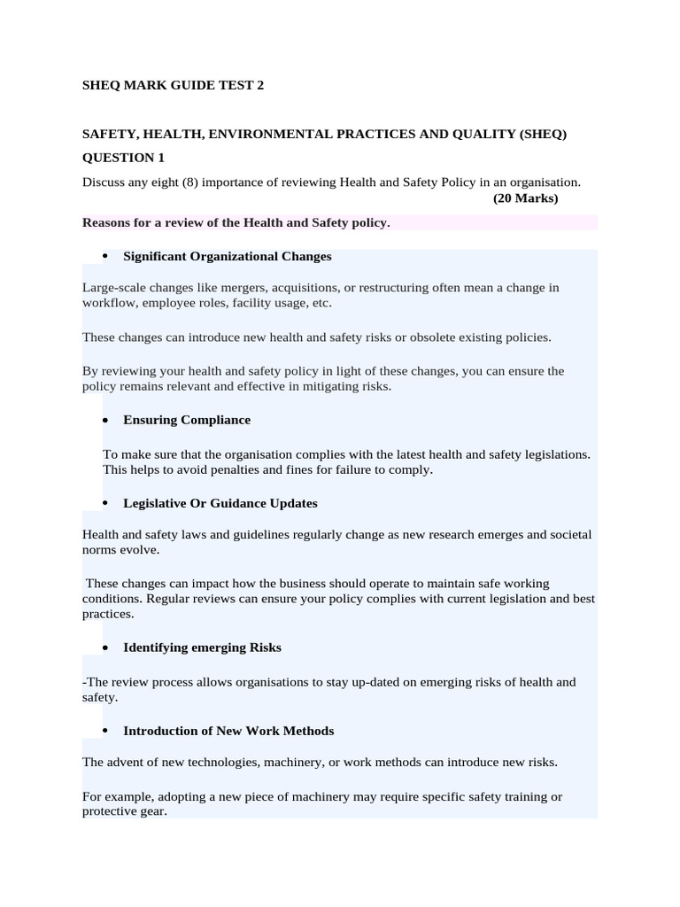 SHEQ MARK GUIDE TEST 2 | PDF | Occupational Safety And Health | Quality ...