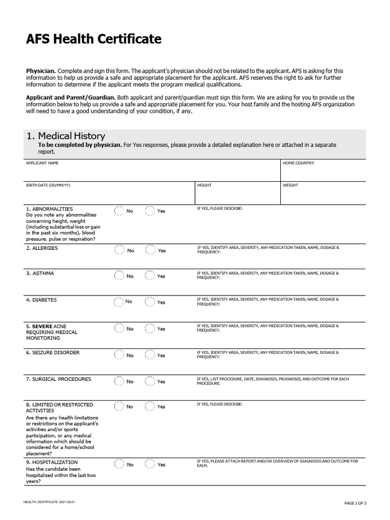 AFS Health Certificate | PDF | Vaccines | Mental Disorder