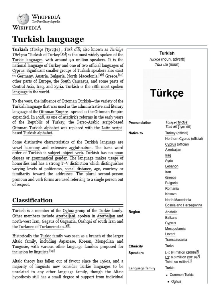 Turkish Language - Wikipedia | PDF | Linguistics | Phonetics
