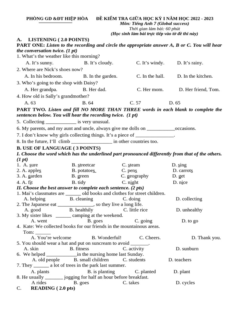 Đề KT GHKI | PDF | Hobbies