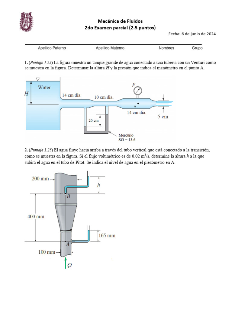 2do Examen Parcial (SOLUCIONES) Mecanica de Fluidos 06junio2024-1 | PDF