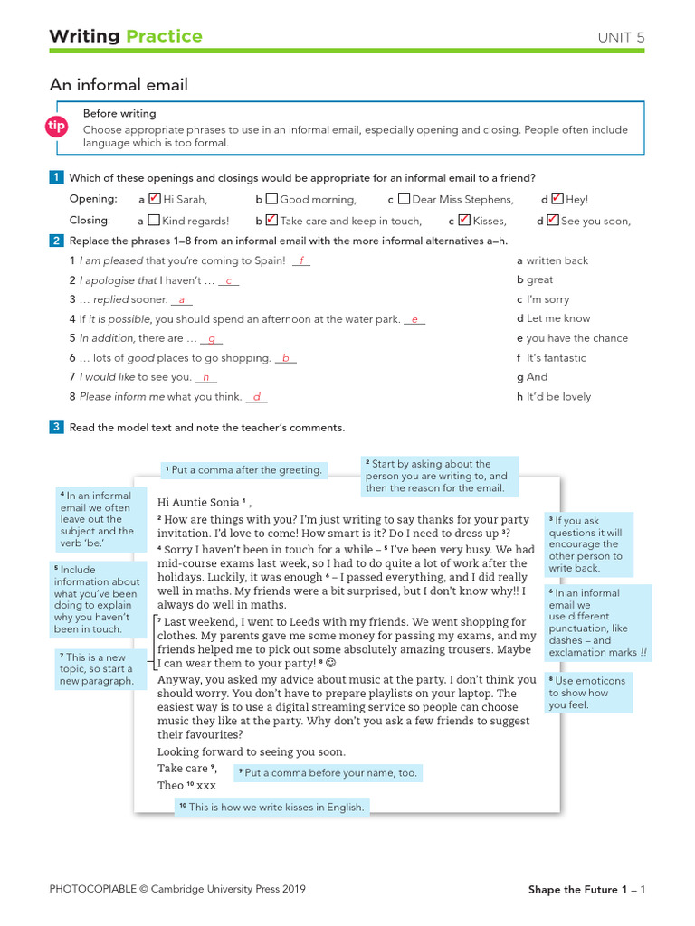Shape The Future 1 - Writing Practice - Unit 5 - With Answers | PDF