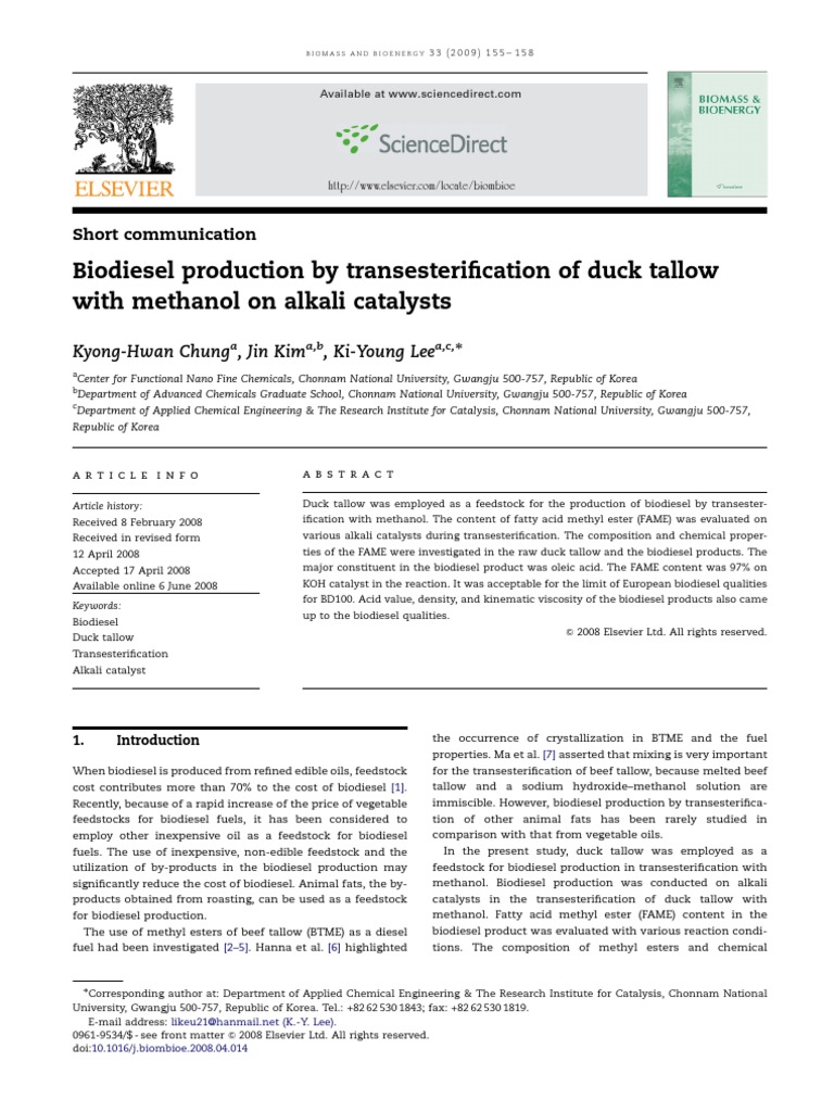 Biodiesel Production by Transesterification of Duck Tallow With ...