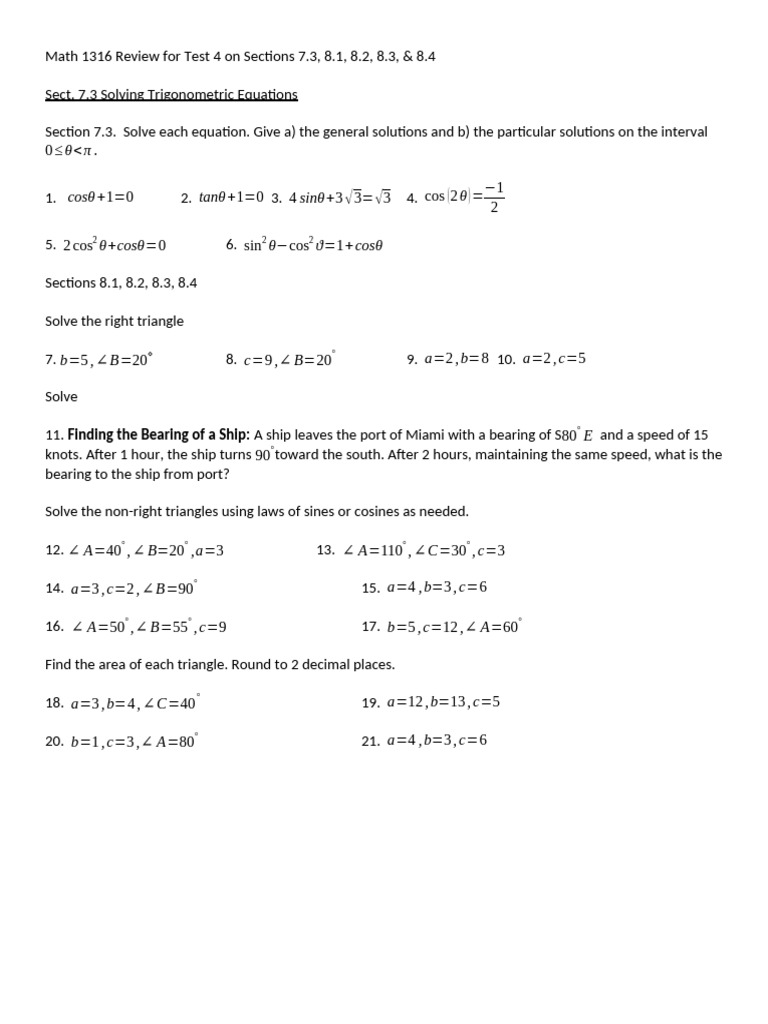 Math 1316 Test 4 Review: Trigonometry & Triangles | PDF | Science ...