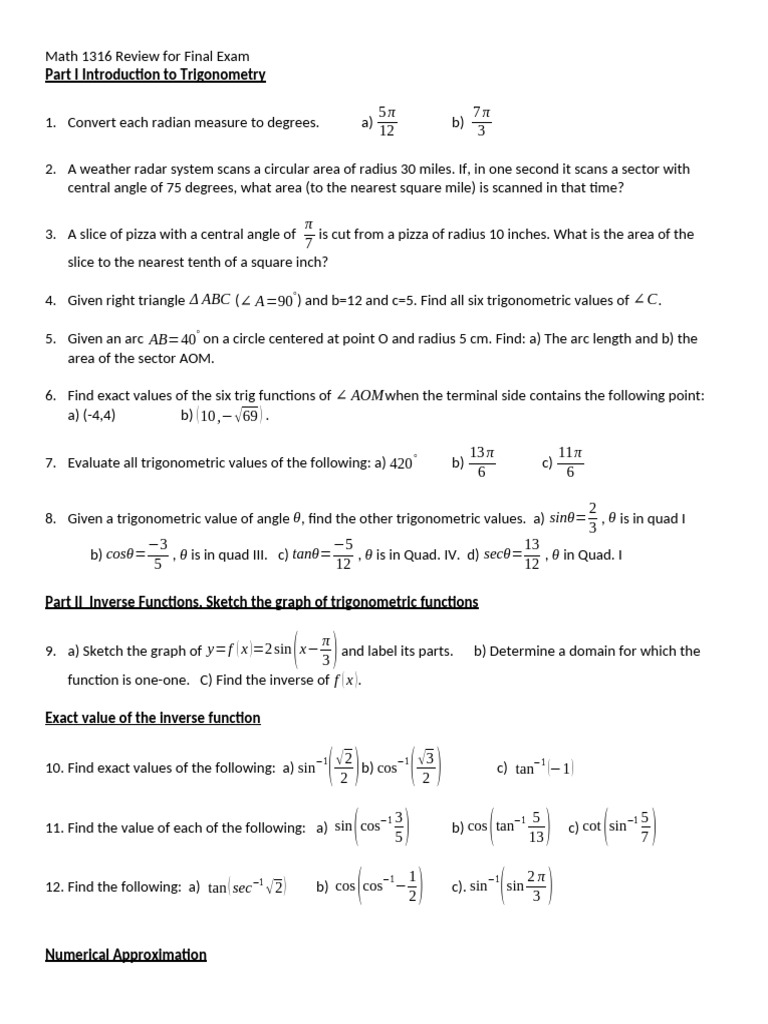 Math 1316 Review For Final Exam | PDF | Trigonometric Functions | Trigonometry