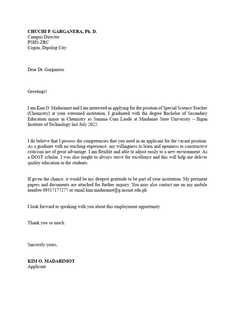 Application Letter to Pisay | PDF