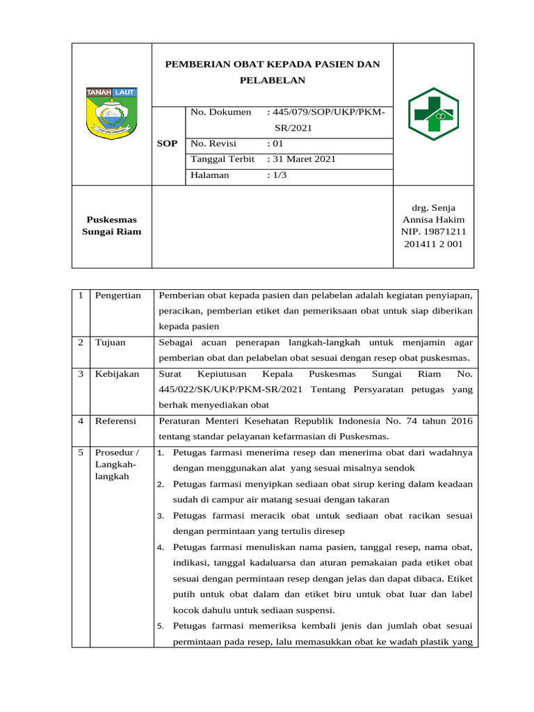 Sop Pemberian Obat Kepada Pasien Dan Pelabelan | PDF | Kesehatan Holistik | Sains & Matematika