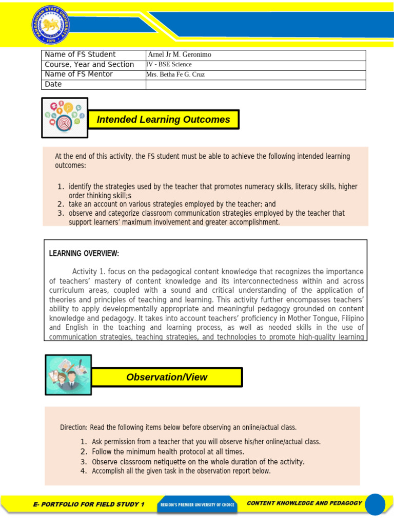 B FS1 Activity 1 Updated | PDF | Learning | Teachers
