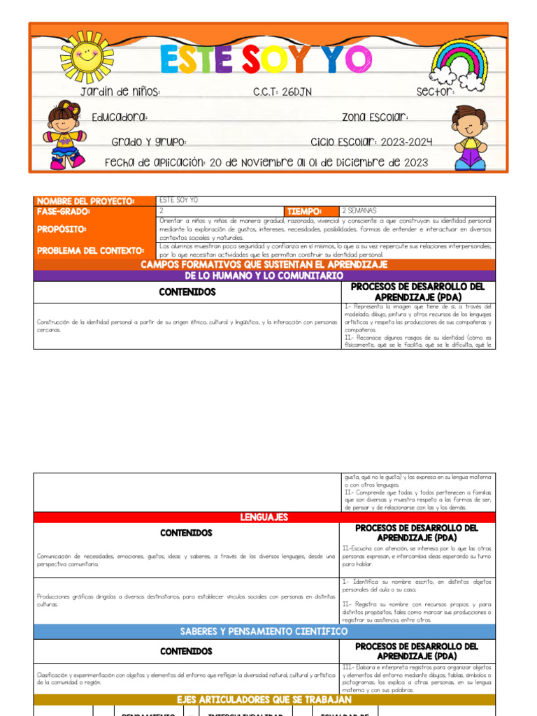Proyecto "Este Soy Yo" en Preescolar | PDF | Aprendizaje | Educación de ...
