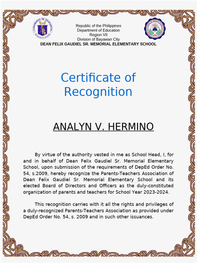 Certificate of Recognition for PTA Officers | PDF