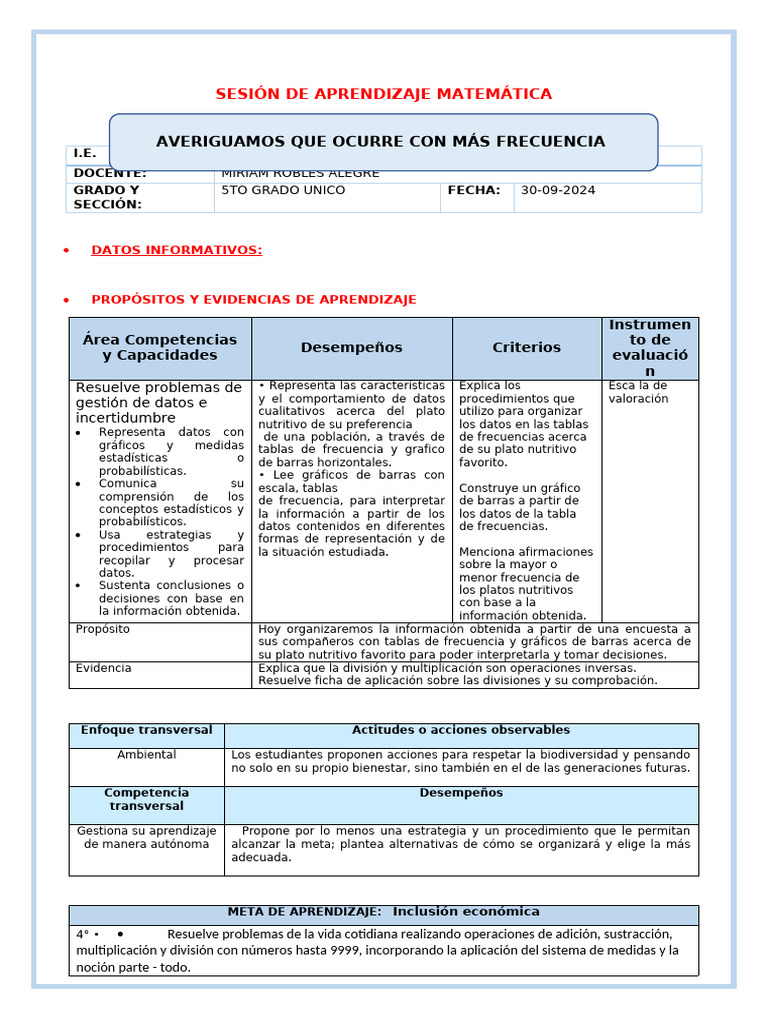 Sesion de Matematica 30 de Setiembre Del 2024 | PDF | Aprendizaje | Estadísticas
