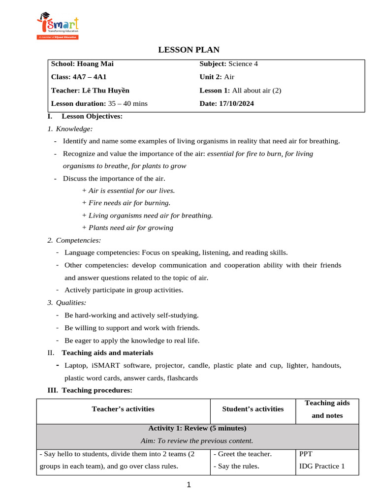 Science Lesson: Importance of Air | PDF | Vocabulary | Teachers