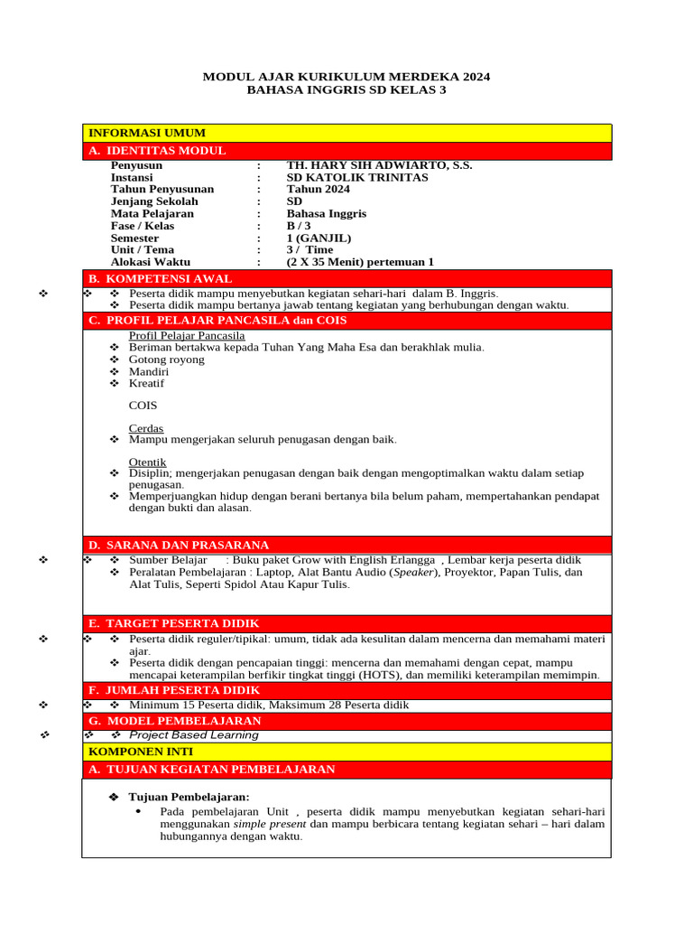 Modul Ajar Kurikulum Merdeka 2023 Bahasa Inggris SD Kelas 3 Mr. Thom | PDF